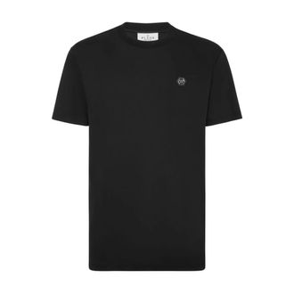 Philipp Plein Rundhals-T-Shirt mit kurzen &Auml;rmeln und Logo-Plakette - - Tops - Herren - Schwarzk - S