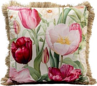 Kare Design Kissen Tulips, Mehrfarbig, 45x45 cm, Abnehmbarer Bezug mit Rei&szlig;verschluss, Motiv Blumen, Mit Fransenkanten, Dekokissen inklusive F&uuml;llung, Zierkissen, 