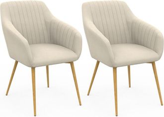 IDMarket Lot de 2 chaises de salle &agrave; manger, fauteuils de table matelass&eacute;s LINE velours beige pieds effet bois