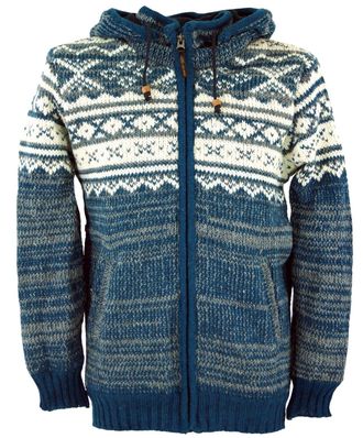 Guru Shop Unisex Strickjacke mit Norwegermuster, Wolljacke, Nepaljacke Blau - Modell 22, Herren, Wolle, Size:XXL