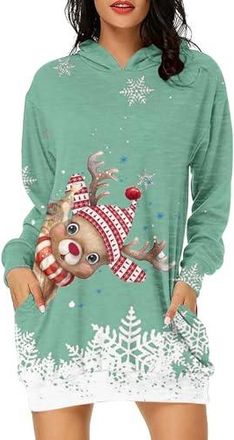 Generic Robe De Noel Femme Manches Longues, Robes De Noël pour Femmes A Capuche Mini Imprime Decontracte Costume De Pere Noël Coupe Tendance Cocktail Dress Lo