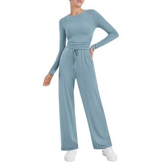 Generic Costume extensible pour femme - Tenue dautomne deux pi&egrave;ces - Surv&ecirc;tement &agrave; manches longues - Haut court &agrave; manches longues - T-shirt - Pantalon large -