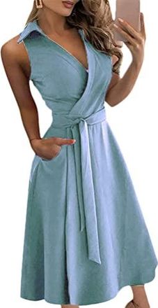Minetom Robe de Soirée Femme Col V sans Manche Élégante A-Line Plissé Longueur Genou Cocktail Vintage Party Dress avec Ceinture C Bleu S