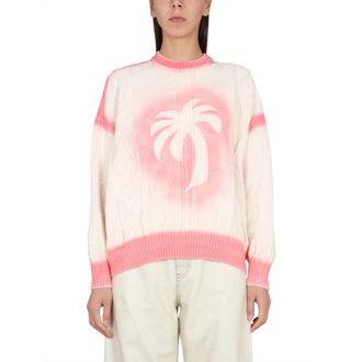 Palm Angels Sprayed Palm Jumper - - Knitwear - Damen - Wei&szlig; - S