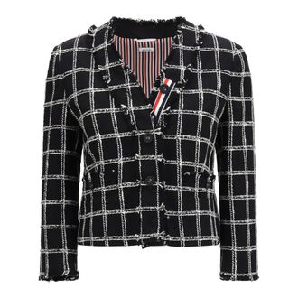 Thom Browne Veste Cardigan en Tweed &agrave; Carreaux - Femme - Vestes - Noir - Taille: 42 FR