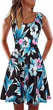 Minetom Robe Courte Femme Imprimé Floral sans Manches Robes de Soirée Plage Été Chic Élégant Casual Jupe Patineuse Mini Dress Noir 03 M