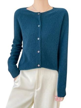 ORANDESIGNE Gilet Femme Chic et Elegant Gilet Court Col Rond Gilets Manches Longues Cardigan Laine Mi-Saison A Bleu Fonc&eacute; XS