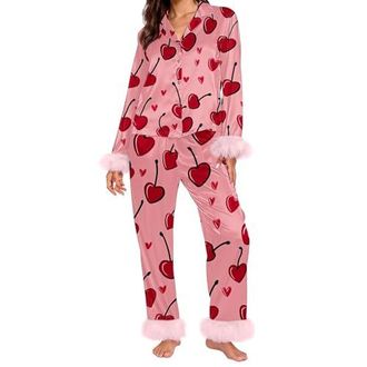 Generic Ensemble de pyjama en satin pour femme - V&ecirc;tement de nuit imprim&eacute; coeur - Haut et pantalon boutonn&eacute;s - Tenue 2 pi&egrave;ces - Pyjama en soie doux et confort