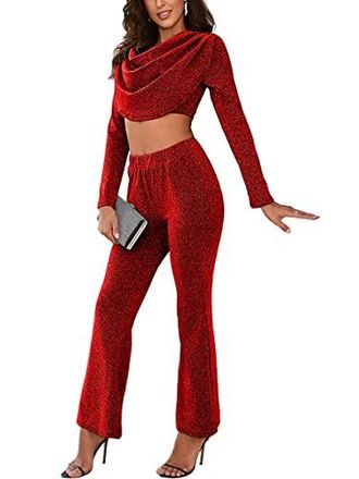 Onsoyours Ensemble de V&ecirc;tements 2 Pi&egrave;ces Femme Elegante D&eacute;t&eacute; Sexy Paillettes T-Shirt Manches Longues + Pantalon Large Taille Haute Ensemble pour Party Clubwear 