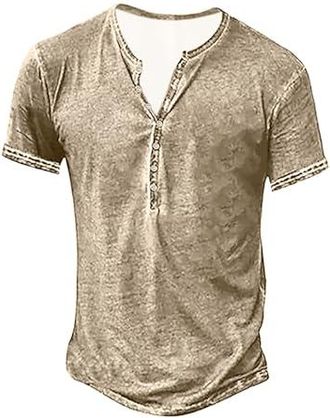 Generic Lot de t-shirts pour hommes &agrave; la mode et d&eacute;contract&eacute;s pour hommes, couleur unie, 7 t-shirts &agrave; manches courtes, costume en coton pour hommes, kaki, L