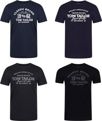 Tom Tailor Lot de 4 t-shirts dété en coton pour homme - Coupe droite - Col rond - Manches courtes - Logo imprimé - 100 % coton - Noir, blanc, vert, rouge, bleu, 