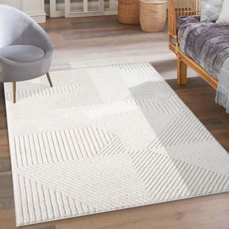 Carpet City Kurzflor Teppich Creme - 200x290 cm - Wohnzimmer-Teppiche Hochtief-Muster, 3D-Effekt - Geometrisches Muster, Gestreift - Flachflor Bodenbelag, Deko Sc