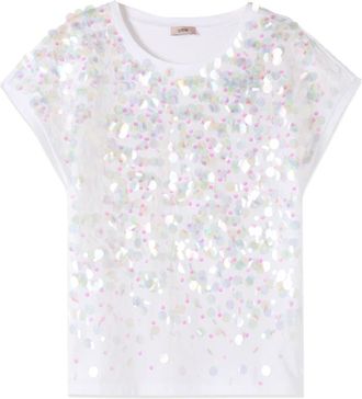 Oltre Femme, Tops, Blanc, Taille: 38 FR T-shirt avec broderie de sequins