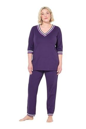 Ulla Popken Schlafanzug, Streifendetails, V-Ausschnitt, 3/4-arm Ensemble de Pijama, Aubergine, 42-44 Femmes