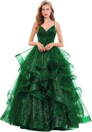 Generic Robe de bal en tulle paillet&eacute; avec col en V et bretelles spaghetti, robe de demoiselle dhonneur, robe de soir&eacute;e formelle longue &agrave; &eacute;tages, vert &eacute;meraud