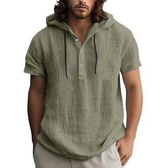 Generic T-shirt pour homme Printemps &Eacute;t&eacute; Mode Couleur unie Chemise en lin &agrave; manches courtes D&eacute;contract&eacute; T-shirt de plage pour homme, Vert arm&eacute;e., XXL