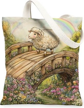Generic Sac fourre-tout en toile de mouton printanier pour le shopping, 33 x 38,1 cm, sac d&eacute;picerie r&eacute;utilisable pour femme, motif floral, paysage, plage, est