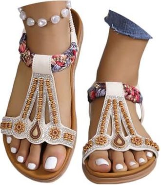 Onsoyours Sandales Femme dété Sandales Perlées Plate Bout Ouvert Léger Flip Flop Boho Romaines Sandale Confortables Chaussures Nu-Pieds De Décontracté Plage A B