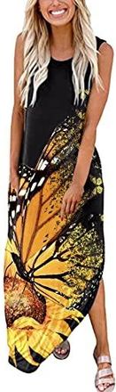 Generic Robes boh&egrave;me 2026 pour femmes, robe longue d&eacute;t&eacute; et de printemps, col rond, sans manches, poches longues fendues, d&eacute;bardeur de plage, Noir, S