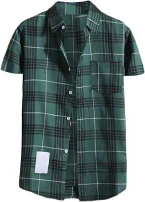 Generic Chemise &agrave; manches courtes pour homme, chemise &agrave; carreaux grande taille, chemise d&eacute;t&eacute; l&eacute;g&egrave;re, haut &agrave; carreaux &agrave; revers respirant, haut boutonn&eacute; r&eacute;tro, 