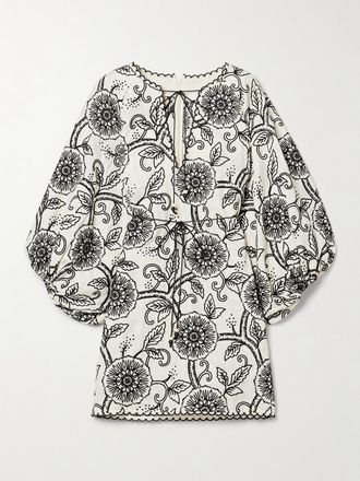 Zimmermann Mini-robe En Lin &Agrave; Broderies Et &Agrave; Ceinture Tallow - Ivoire