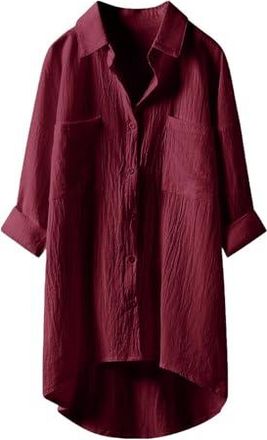 Generic Chemisier en lin pour femme - Manches longues - &Eacute;l&eacute;gante chemise en lin avec boutons - Chemisier confortable pour femme - Revers - Chemisier d&eacute;t&eacute; l&eacute;ge