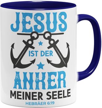 OM3 Jesus ist der Anker meiner Seele Kaffee-Tasse II Hebr&auml;er 6:19 - Keramik Becher - 325ml - Beidseitig Bedruckt - Dunkelblau