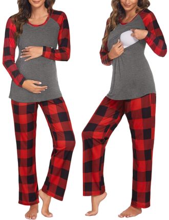 Ekouaer Stillpyjama Damen Still Schlafanzug Umstandsschlafanzug Langarm Wochenbett Hausanzug Schwangerschaft Winter Rot Kariert - grau XL