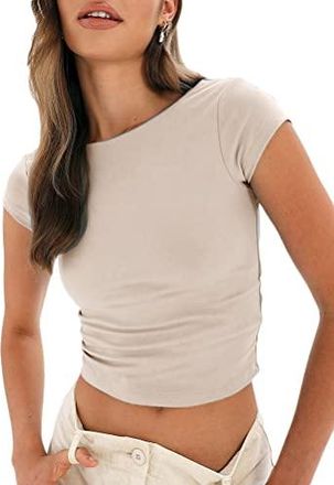 Onsoyours Haut Court Dos Nu Sexy pour Femme T-Shirt Col Rond à Manches Courtes Y2k Crop Top Ajusté Slim Fit Tee Shirt Chic Chemises Eté Élégante Couleur Unie C 