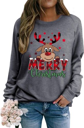Dresswel Weihnachtspullover Damen Merry Christmas Sweatshirt Lustig Rudolph Rentier Druck Baumwolle Weihnachten Weihnachts Xmas Pullover Weihnachtspulli Teenag
