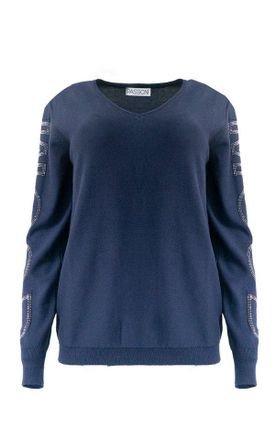 Passioni Strickpullover mit Glitzerstein-Schriftzug V-Ausschnitt, Strick, Dunkelblau, Glitzersteine