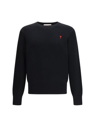 Ami Mens Crew-Neck Sweater Ami De Coeur Black-Red Merino Wool Black/red