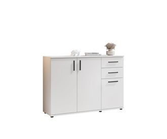 M&ouml;belando Kommode >BC 1040< wei&szlig; foliert mit 3 Dreht&uuml;ren & 2 Schubladen, Stangengriffe schwarz, 120x84x35 cm? Spanplatte, Kugelauszug, M&ouml;belgleiter? pflegeleich