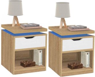 IDMarket Idmarket - 2er-Set Nachttische luna mit leds 1 Schublade mit Nische Buche und Weiß