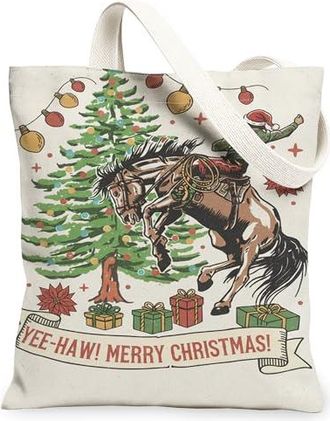 Generic Sacs fourre-tout en toile motif cheval de No&euml;l, sacs d&eacute;picerie r&eacute;utilisables, rustiques, l&eacute;gers, lavables avec bandouli&egrave;re Ca, beige, 13x15 Inch