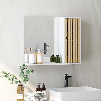 HOMCOM Armoire de Salle de Bain avec Miroir, Miroir de Salle de Bain avec &eacute;tag&egrave;re, Porte &agrave; Lattes en Bambou et &eacute;tag&egrave;re r&eacute;glable, 60 x 14 x 50 cm, Blanc