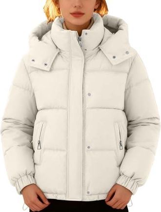 Generic Manteau dhiver rembourré avec capuche pour femme - Veste matelassée courte surdimensionnée avec fermeture éclair et bouton - Veste isolante épaisse et