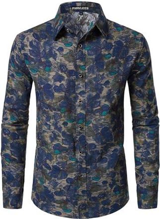 PARKLEES Chemise boutonn&eacute;e &agrave; manches longues en coton et lin pour homme Motif traditionnel r&eacute;tro ann&eacute;es 70, motif floral bleu, M