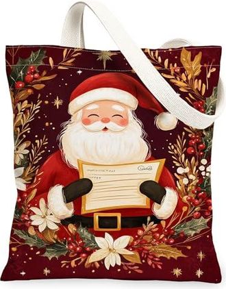 Generic Sacs fourre-tout en toile motif P&egrave;re No&euml;l r&eacute;utilisables, vintage, l&eacute;gers et lavables avec bandouli&egrave;re pour voyage, pique-nique, 33 x 38 cm