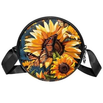 Generic Petit sac &agrave; bandouli&egrave;re rond pour femme, motif tournesol et papillons avec fermeture &eacute;clair et bretelles r&eacute;glables