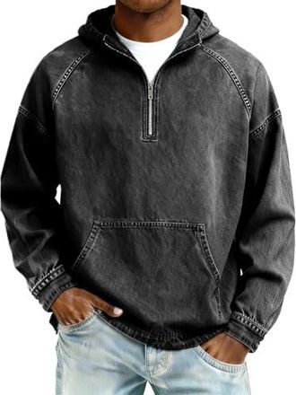 Generic Pull Homme Vintage Zip Quarter Effet D&eacute;lav&eacute; - Haut Oversized Couleurs Lav&eacute;es Col Montant D&eacute;contract&eacute; Casual, Automne Hiver Tendance(Black, XXXXL)