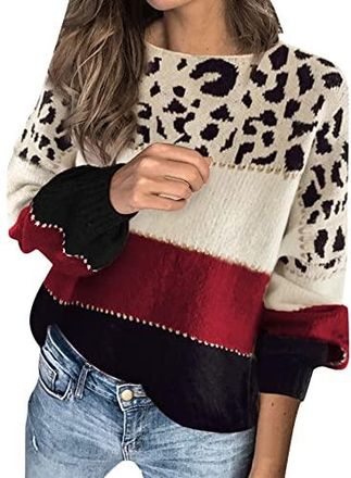 Generic Pull Chaud Femme Manche Longue- Pull Hiver Rayures Couleur Assortie Col Rond Coupe Ample D&eacute;contract&eacute; Sweater Chic Et &Eacute;l&eacute;gants Confortable Doux Temp&eacute;ra