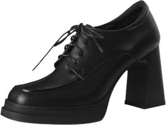 Generic Femmes Plates-Formes à Lacets Escarpins en Cuir Noir Carré à Bout fermé Chaussures Hautes Chunky Block Heels Avant-gardiste Robe Soirée Mode Chaussure