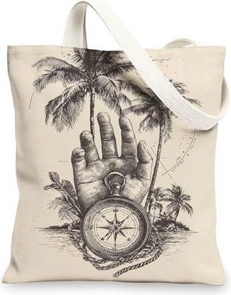 Generic Sacs fourre-tout en toile tropicale, motif boussole vintage et palmier, sacs de courses réutilisables, légers et lavables avec bandoulière pour voyage
