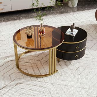 Merax Rund Couchtisch 2er Set, Moderne wohnzimmertisch mit Glas Desktop, Hochglanz Satztisch mit Schubladen, f&uuml;r Wohnzimmer, Balkon und B&uuml;ro, Schwarz