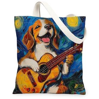 Generic Sac fourre-tout en toile motif chien beagle pour faire du shopping, 33 x 38,1 cm, motif guitare &eacute;toil&eacute;e, sac d&eacute;picerie r&eacute;utilisable, sac &agrave; bandouli&egrave;re