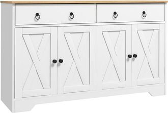 HOMCOM Homcom - Buffet 2 portes 2 étagères 2 tiroirs style rural chic façades portes à croisillons poignées anneaux métal noir blanc aspect bois