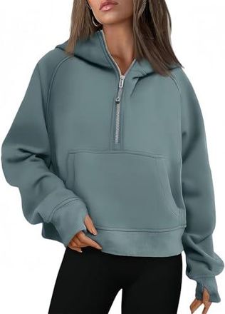 Generic Sweat-shirt surdimensionn&eacute; &agrave; manches longues et demi-fermeture &eacute;clair pour femme, avec trou pour le pouce et poches, Vert, XXL