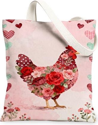 Generic Sacs fourre-tout en toile motif floral poulet, motif coeur mignon, sacs d&eacute;picerie r&eacute;utilisables, sacs d&eacute;picerie printaniers, vintage, l&eacute;gers, lavables