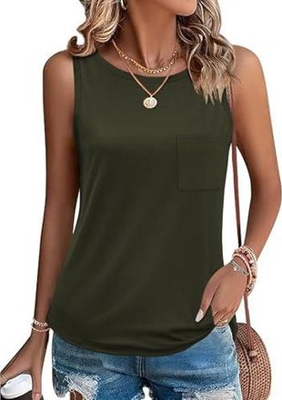Zeagoo Débardeur dété pour femme - Sans manches - Décontracté - Col rond - T-shirt basique - Léger - Avec poche, Vert armée., M